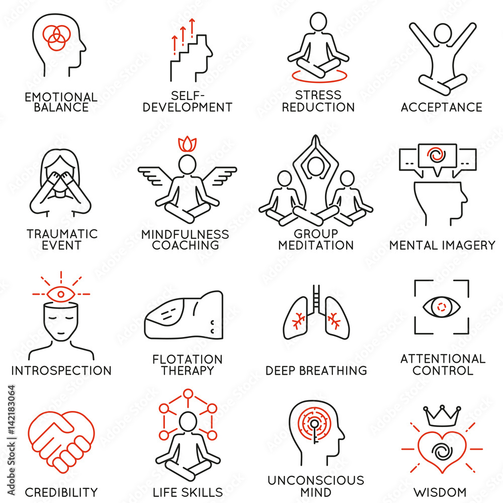 Vector set of 16 linear icons related to mindfulness, awareness ...