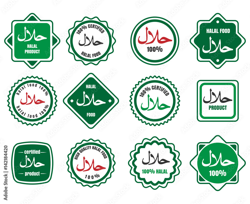 Islamic kosher certified arabic meal emblems. Vector halal signs or ...
