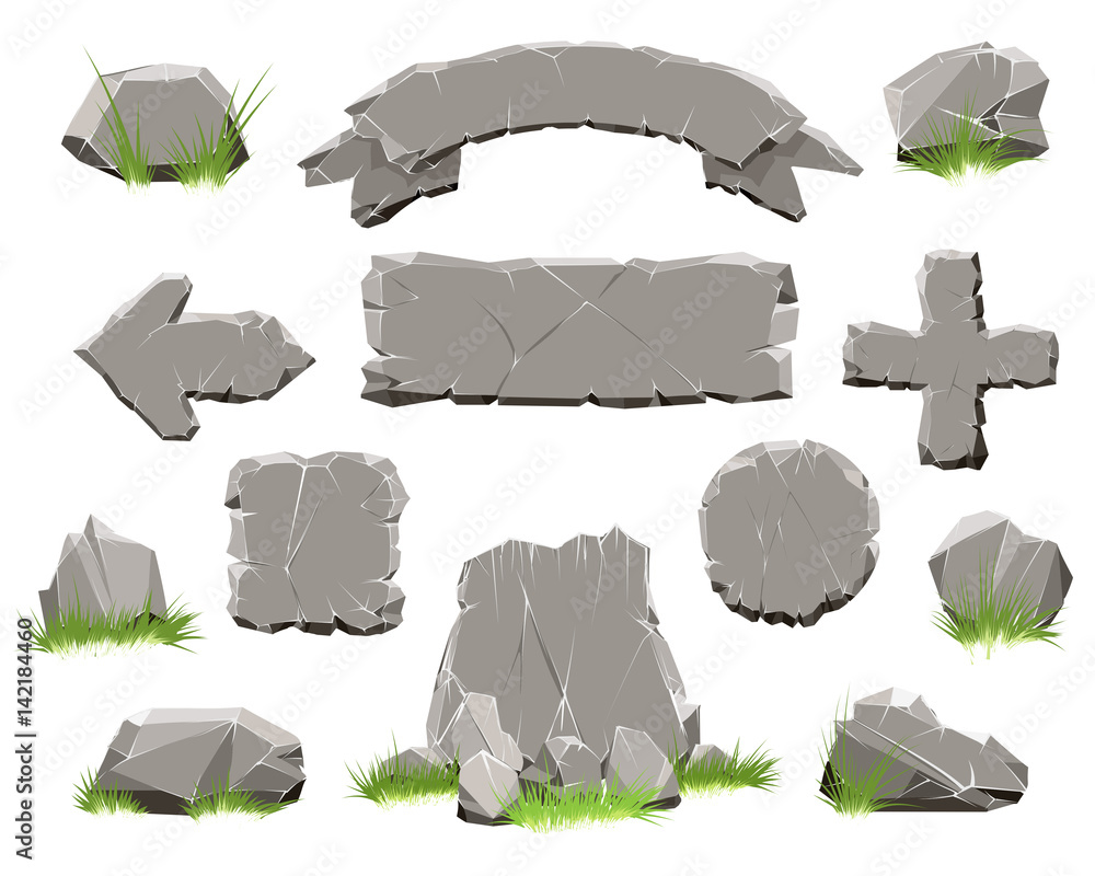 Rock circle button, stone banner vector illustration. Ribbon of stones ...