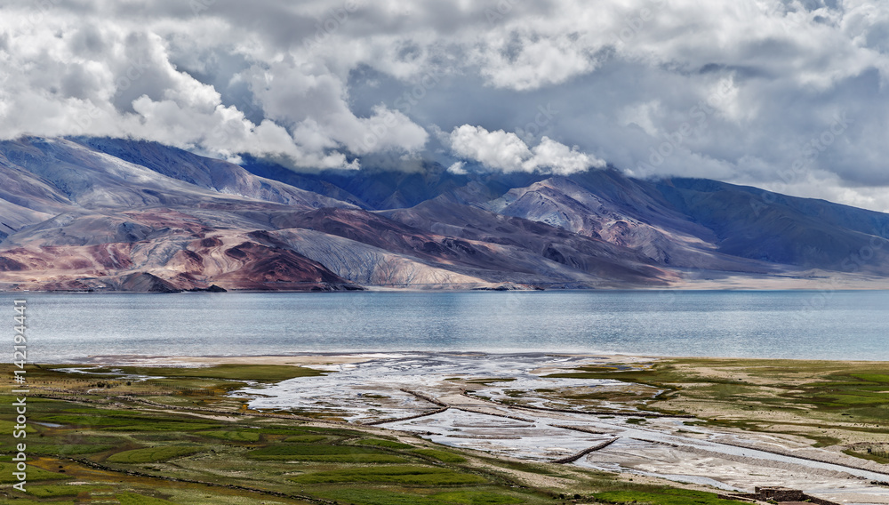 Panorama of Tso Moriri lake near Karzok village in Rupshu valley ...