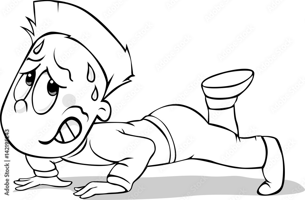 boy trains - strenuous exercise, vector black and white illustration ...