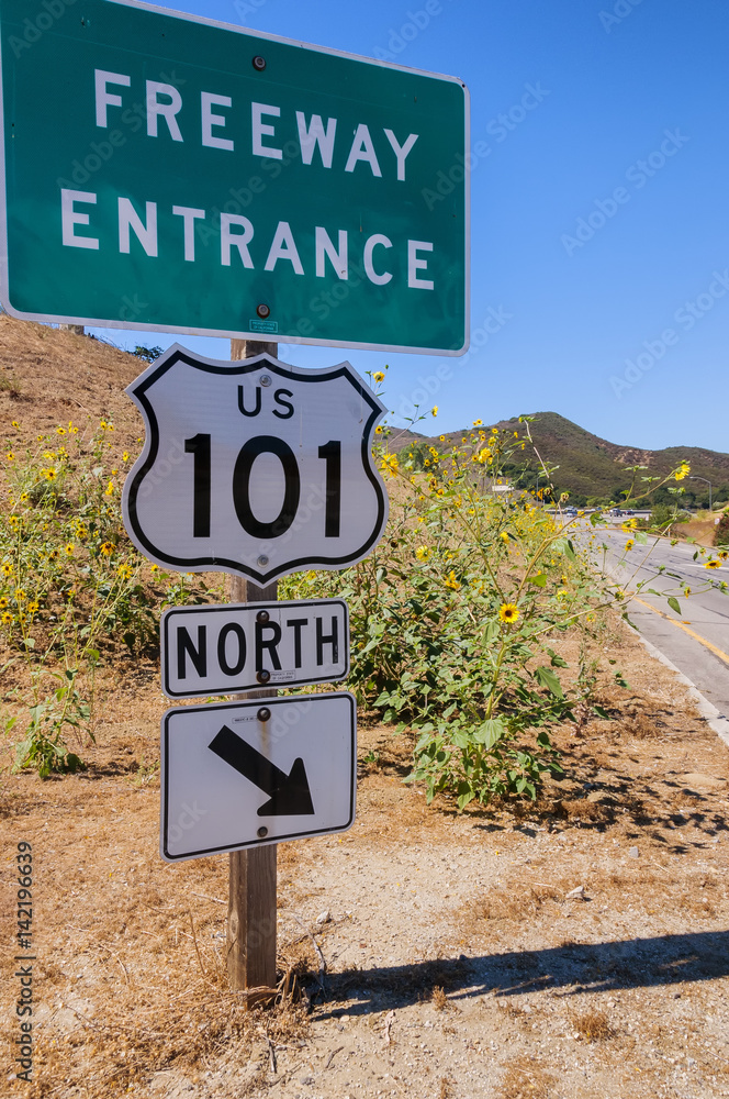 Freeway entrance sign of US 101 or Ventura Freeway, in Southern ...