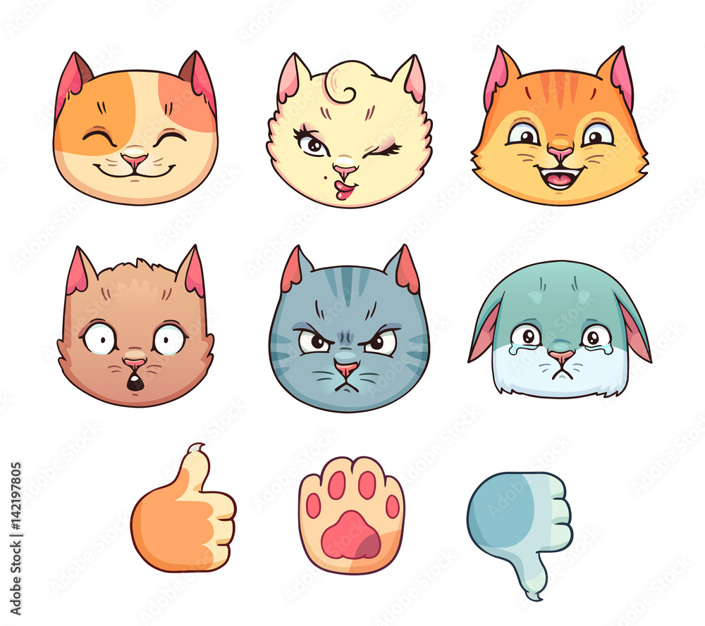 Set of different cat emoji in vector. Hand drawn collection with ...