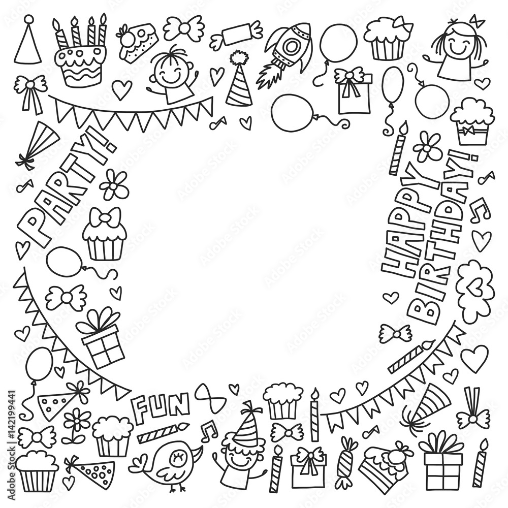 Vector kids party Coloring page Children birthday icons in doodle style ...