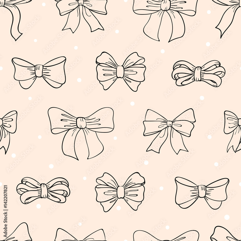 Seamless bow pattern on pink background. Hand drawn ribbons and bows ...