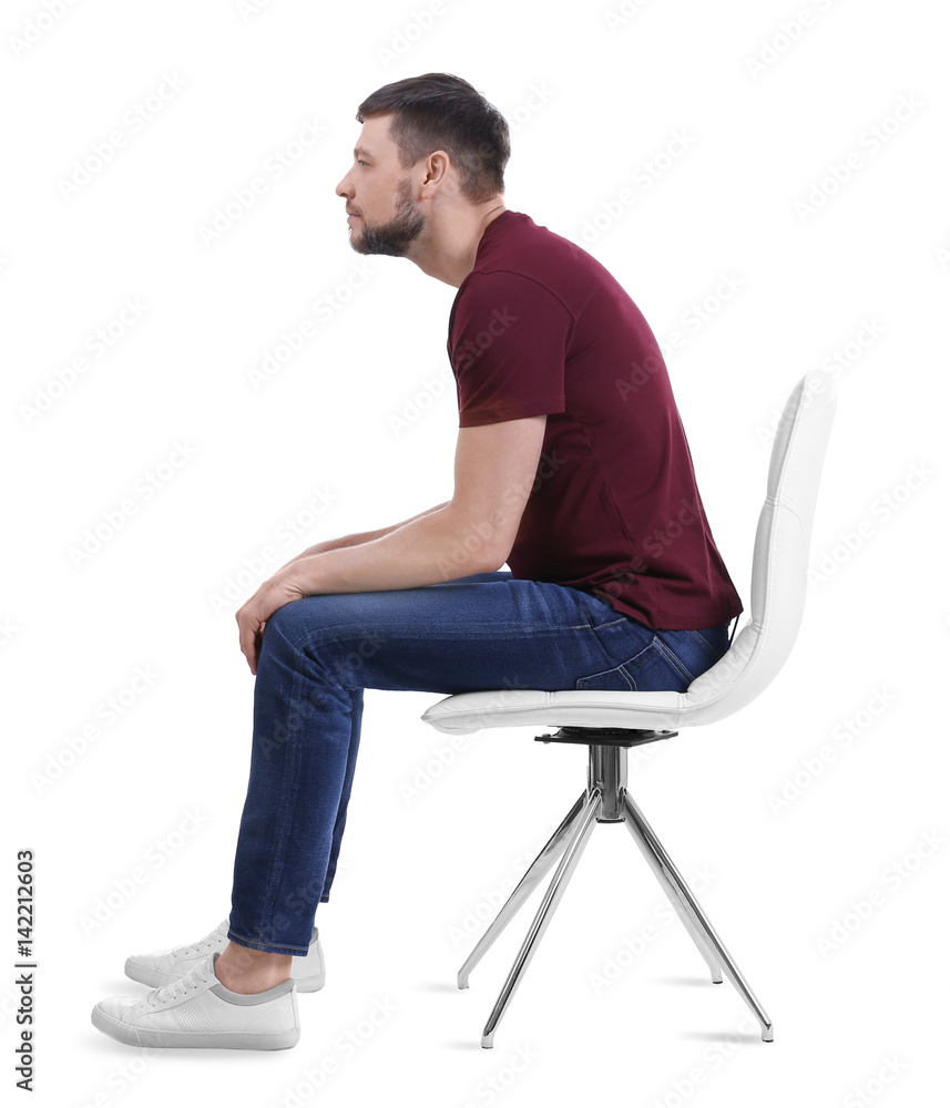 Posture concept. Man sitting on chair against white background Stock ...