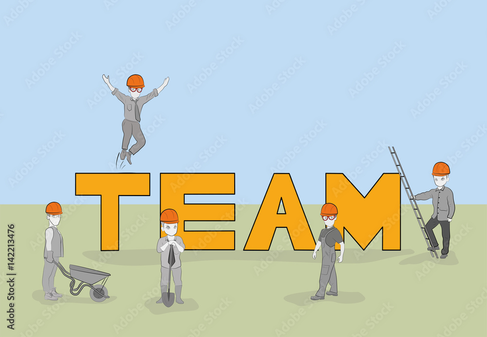 Sketch of teamwork with working little people. Doodle cute miniature of ...