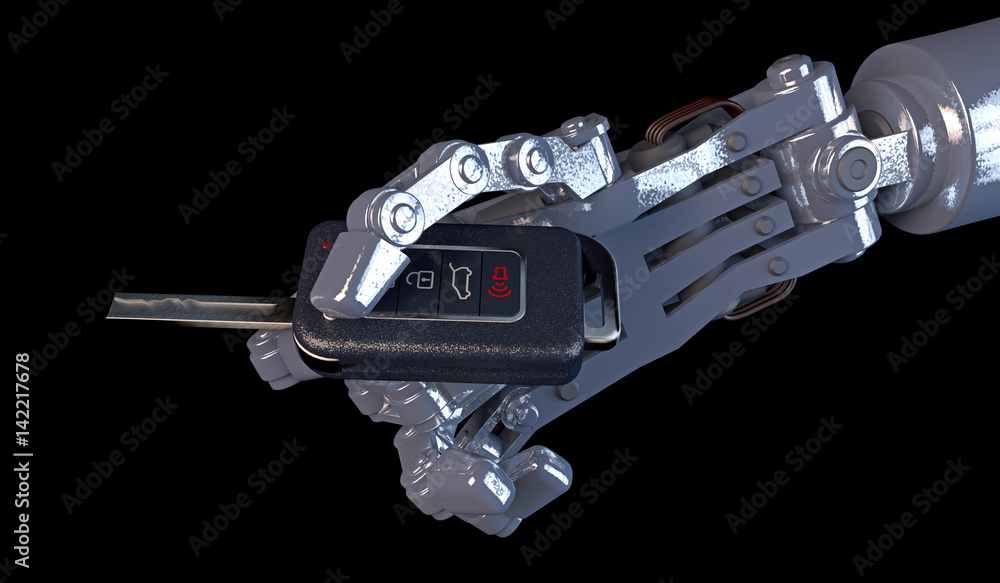 3D illustration of a robotic hand holding a modern car key fob ...