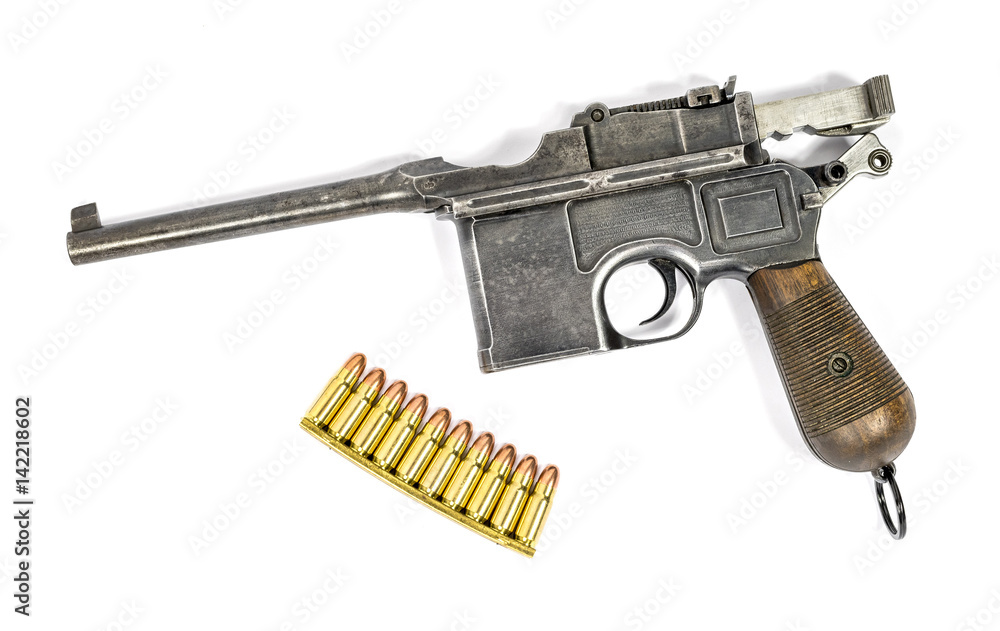 Pistol Mauser with ammo isolated on white background Stock Photo ...