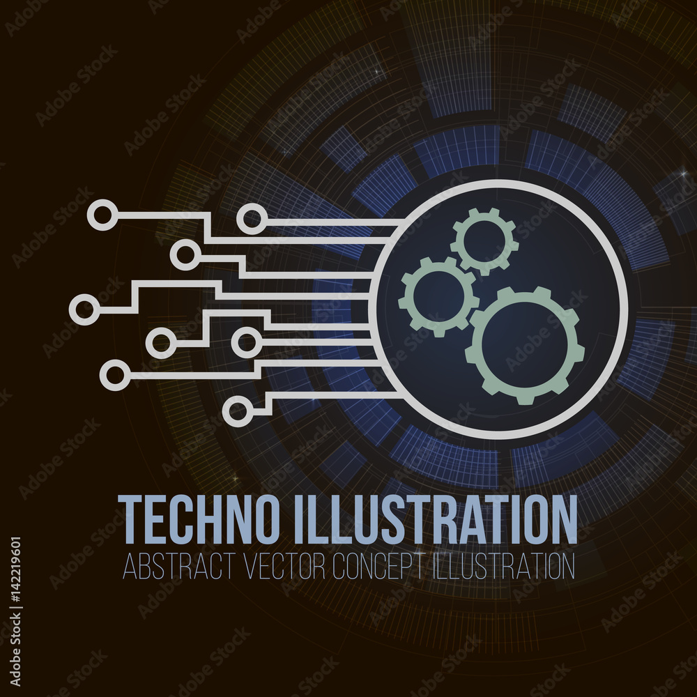 Circuit board banner vector on dark background. Gears, engineering and ...
