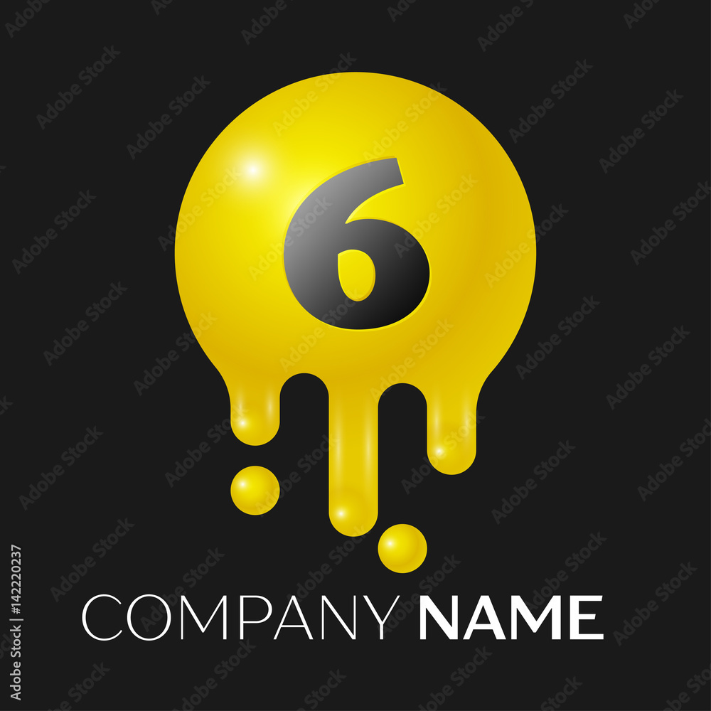 Number six splash logo. Yellow dots and bubbles number design on grey ...