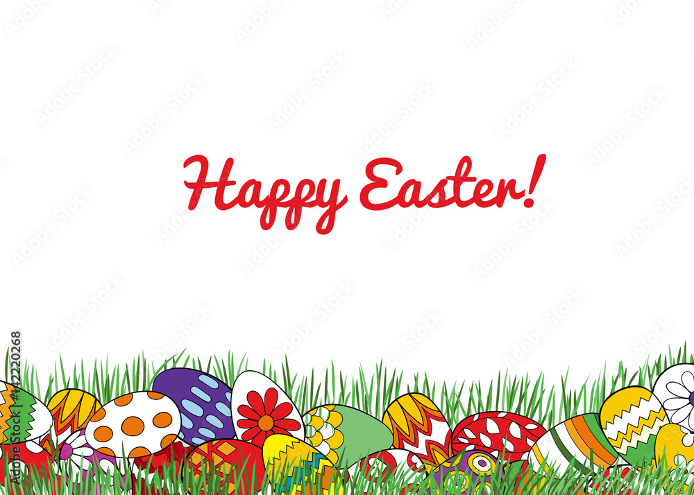 Border made with Easter eggs in the grass. Template design on white ...