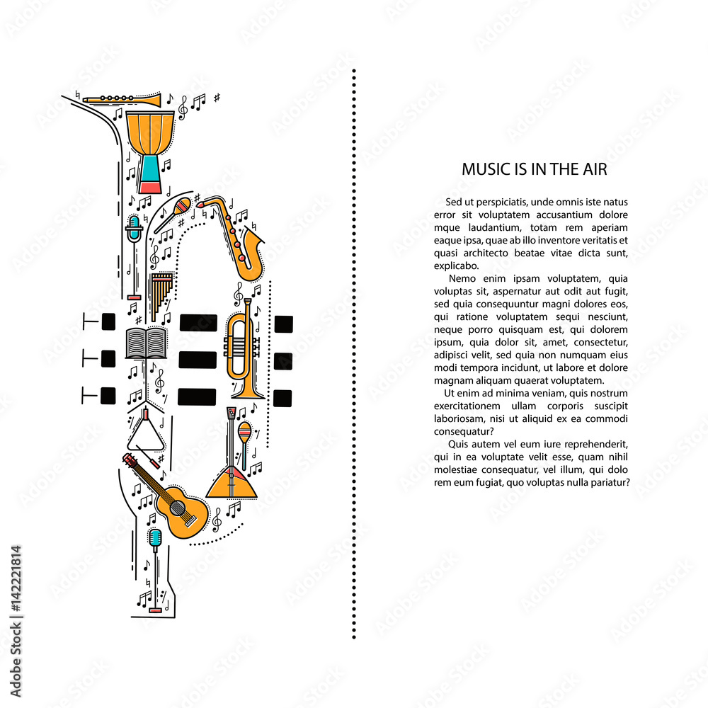 Music instrument line icons in trumpet shape. Art musical brochure ...