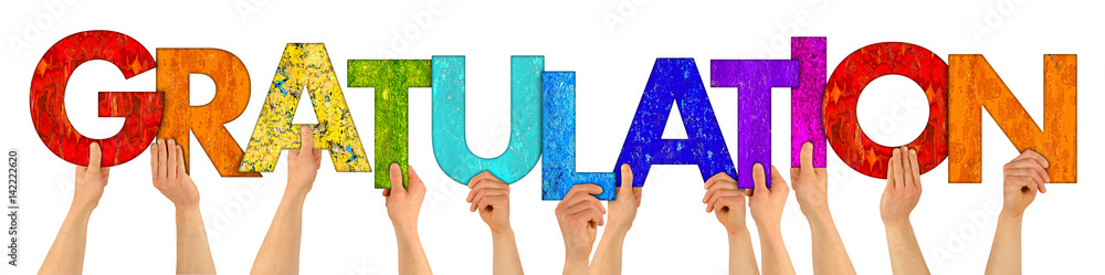 hands holding up colorful letters shaping the word gratulation isolated ...