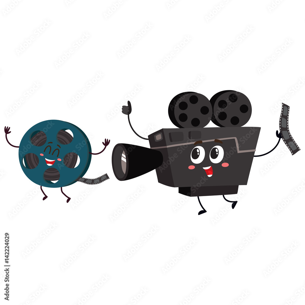 Movie shooting camera and film reel characters with smiling human faces ...