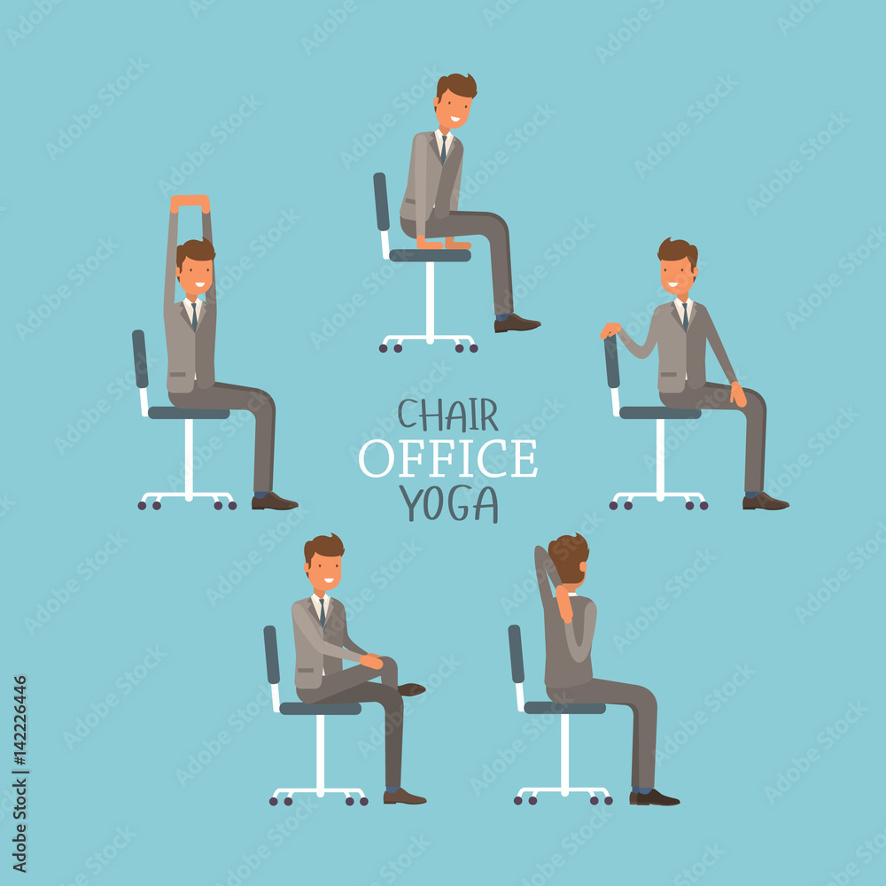 Vector illustration with office chair yoga. Businessman doing workout ...