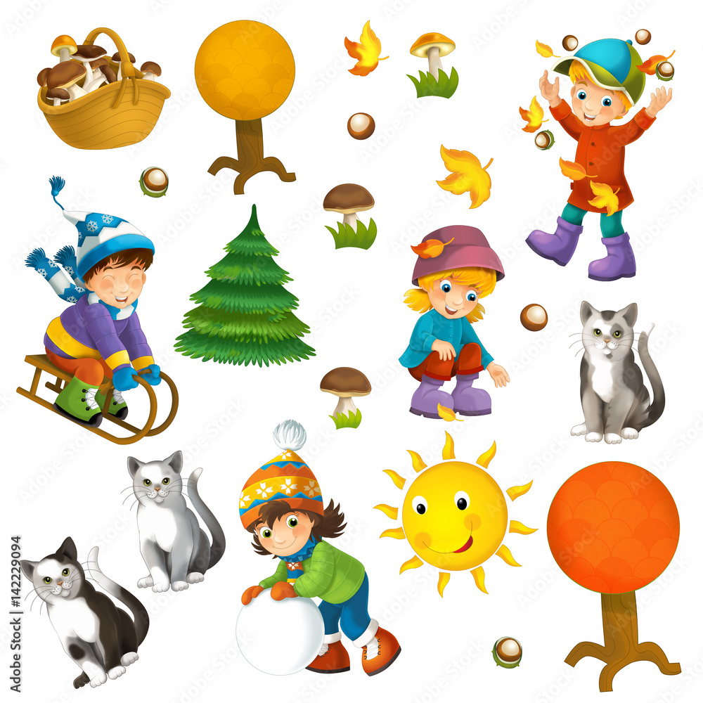 cartoon set with different elements and people for many weather seasons ...