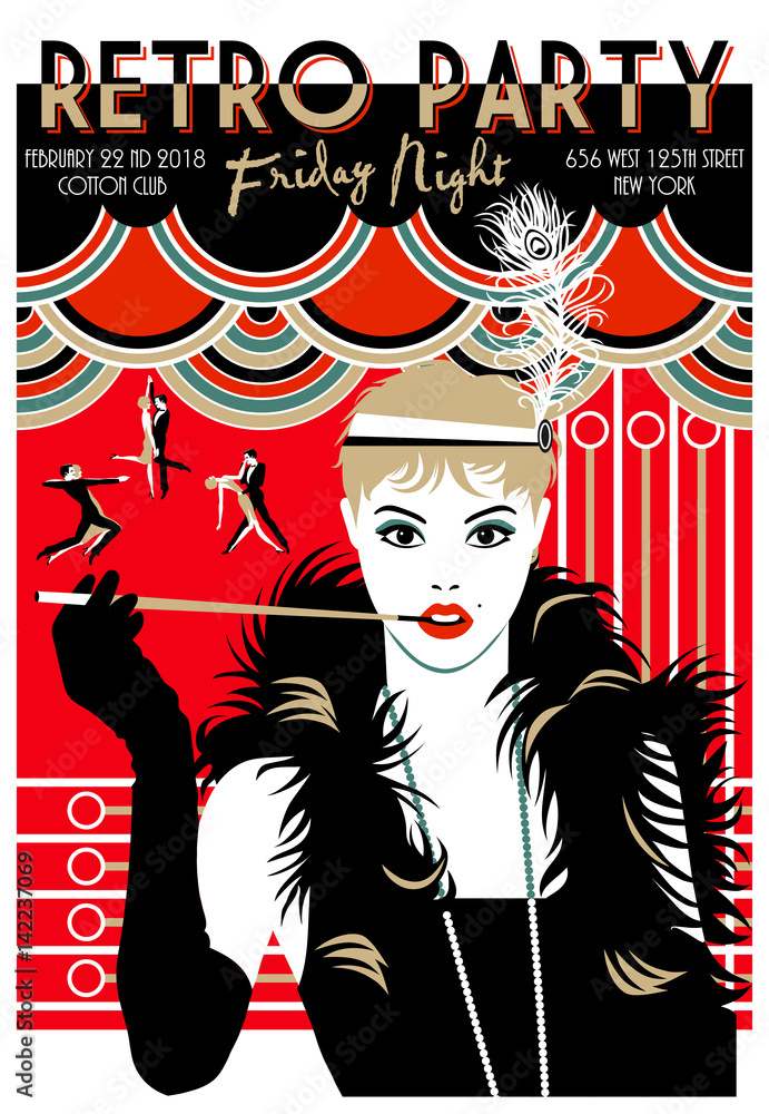 Flapper girl with mouthpiece and cigarette. Retro Party invitation card ...