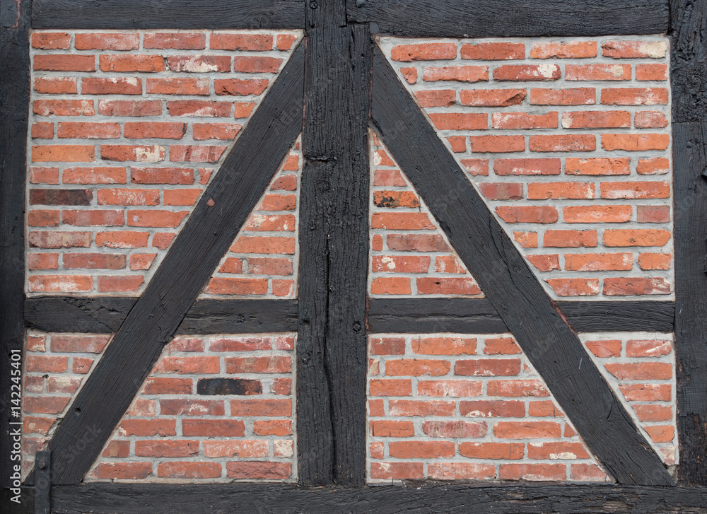 old red brick wall with timber frame background design Stock Photo ...
