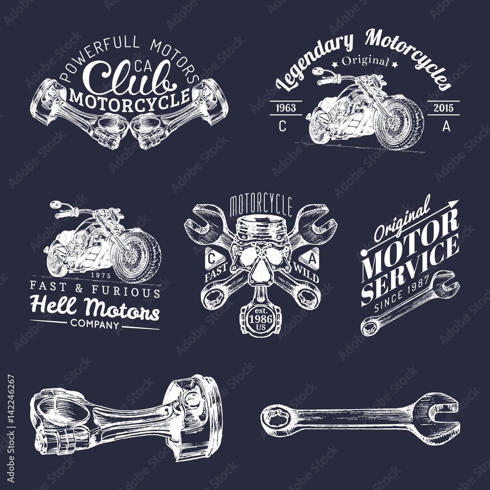 Vector biker club signs. Motorcycle repair logos set. Retro hand ...