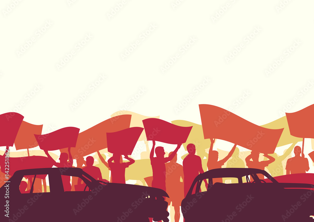 Protest people crowd and broken car silhouette vector background ...