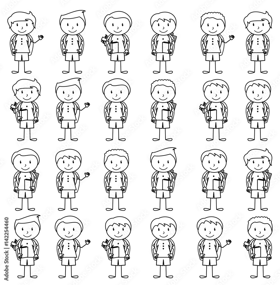 Collection of Cute and Ethnically Diverse Male Stick Figure Students ...