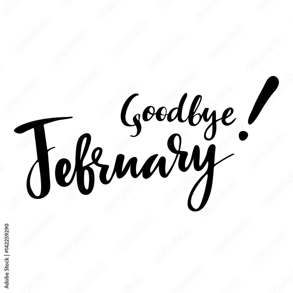 Card with phrase Goodbye February. Vector isolated illustration: brush ...