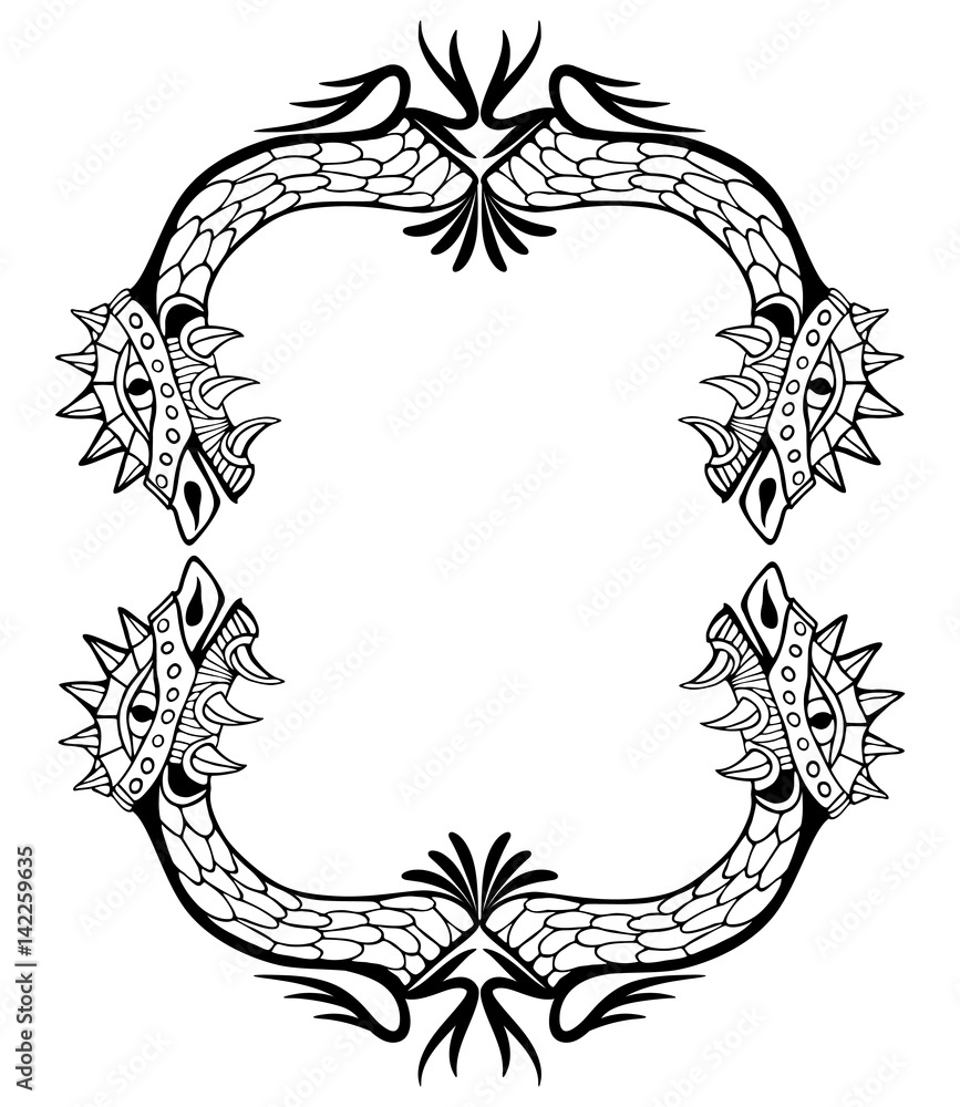 Dragon frame. Coloring book and tattoo. Vector illustration. Stock ...