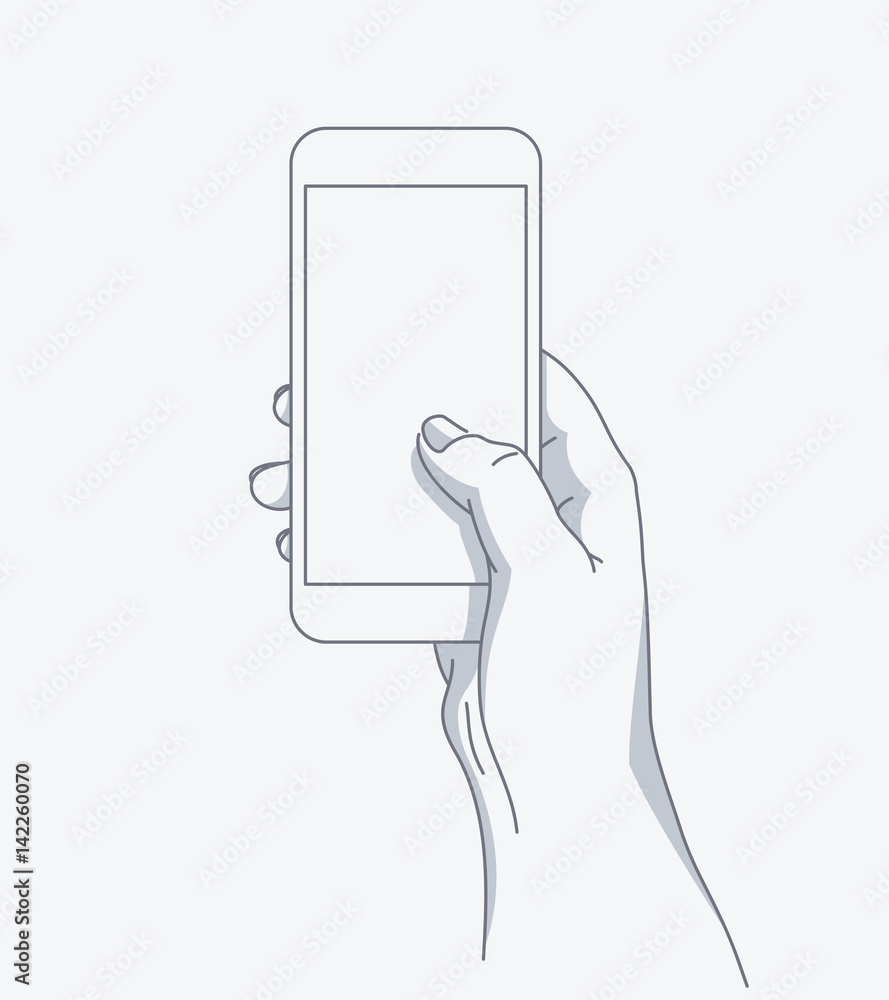 Hand holds the phone. Line art modern vector illustration. Template for ...
