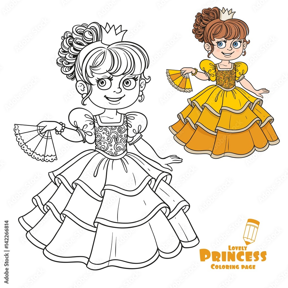 Lovely princess with fan in hand color and outlined picture for ...