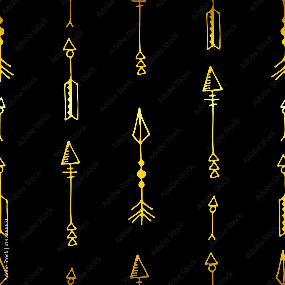 Tribal vintage gold arrows on black background. Seamless vector graphic ...