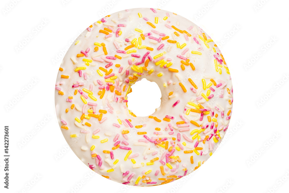 One vanilla glazed donut pastry topping top view isolated on white ...