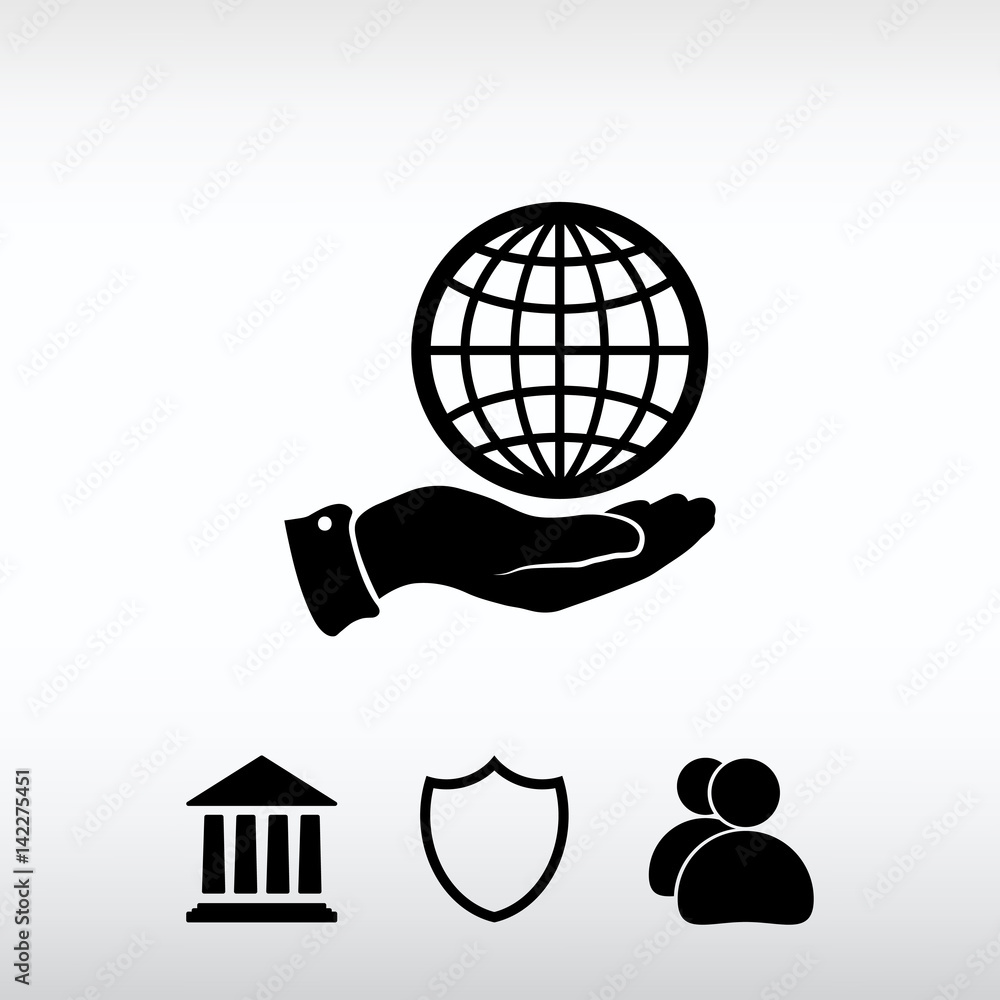 Globe icon with hand, vector illustration. Flat design style Stock ...