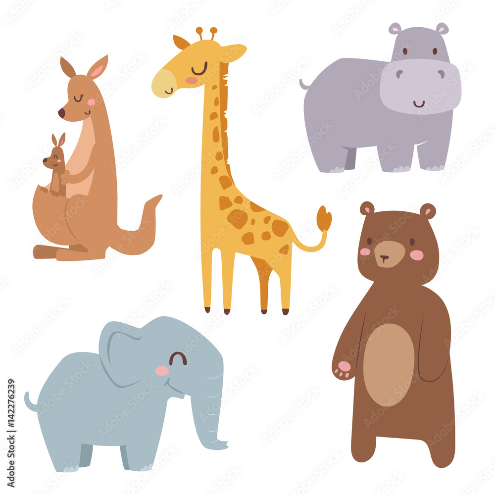 Cute zoo cartoon animals isolated funny wildlife learn cute language ...