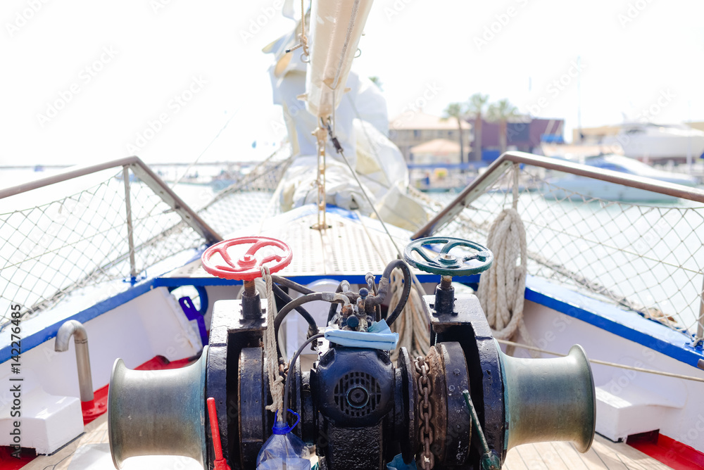 Vintage beautiful sail boat details. Rope, hull, rigging sailing yacht ...