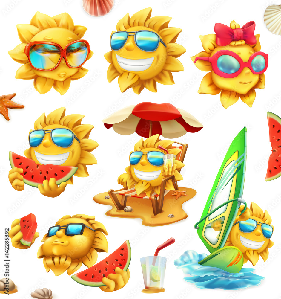 Fun summer sun, vector characters. 3d icon set Stock Vector | Adobe Stock