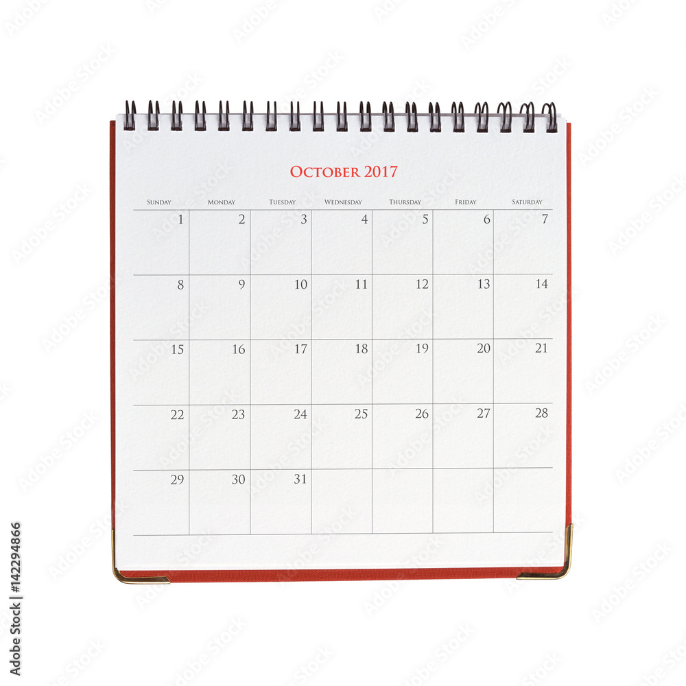 Calendar of October 2017 isolated on white background with clipping ...