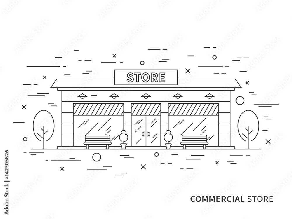 Linear exterior (landscape) design illustration of store (shop) with ...