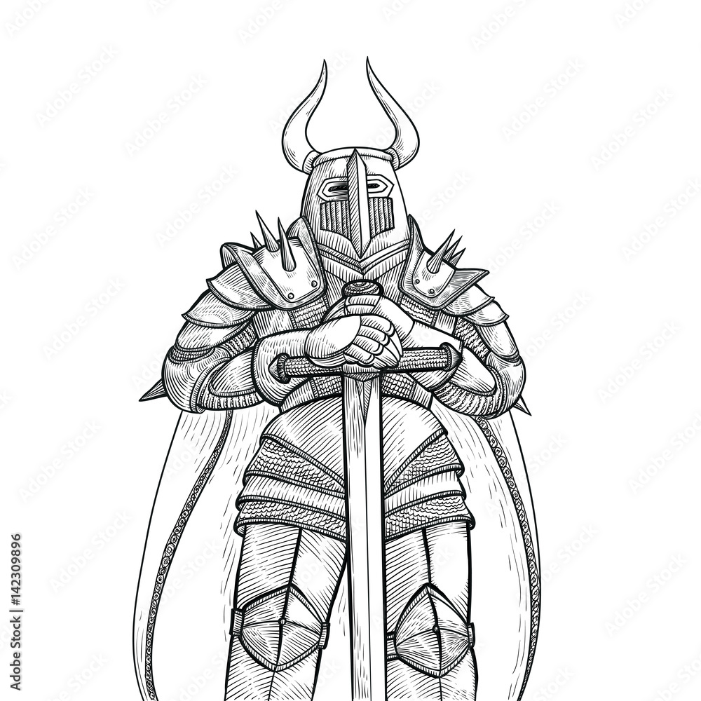 Vector sketch illustration by hand. Medieval knight in heavy metal ...