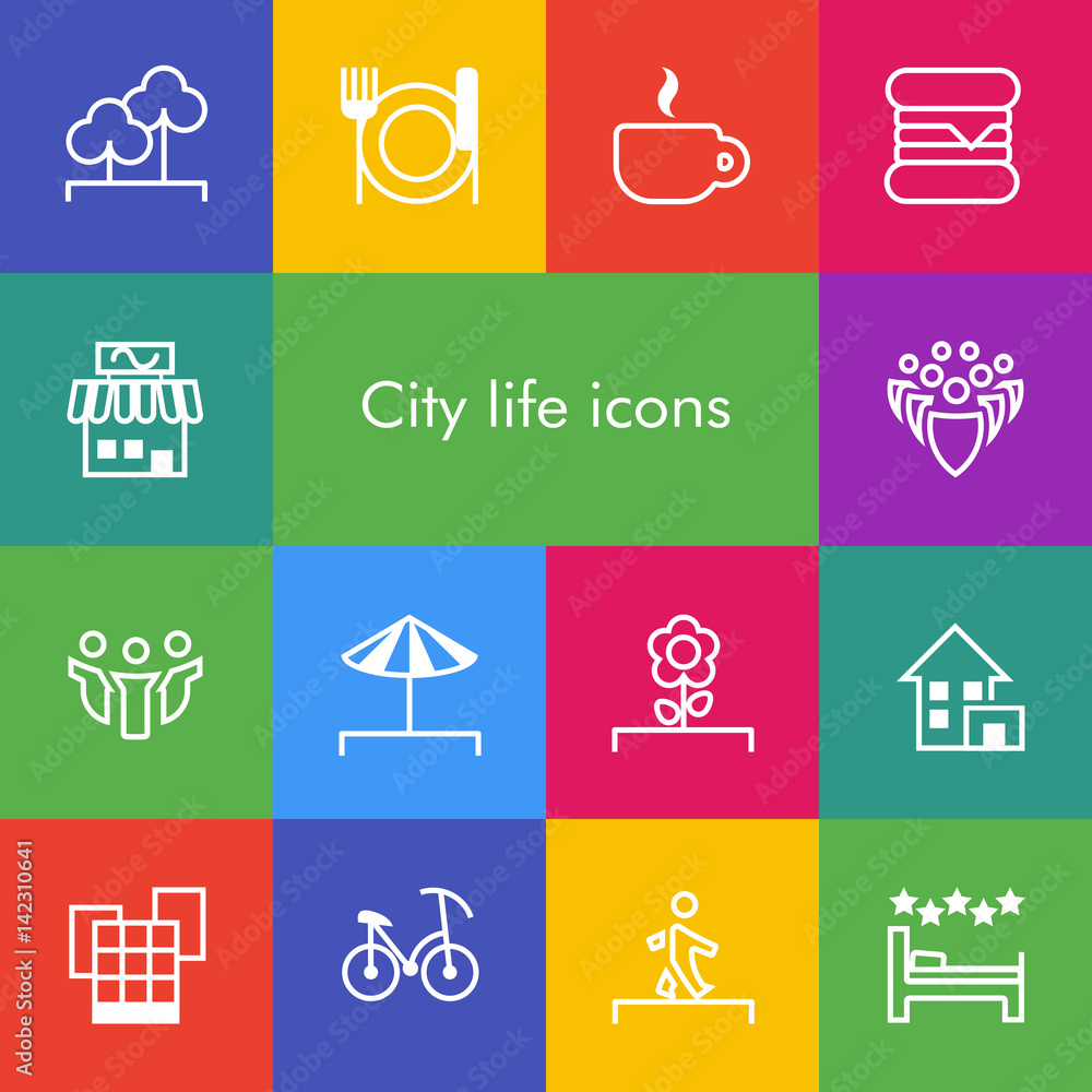 Vector set of 14 icons showing city life in outline style Stock Vector ...