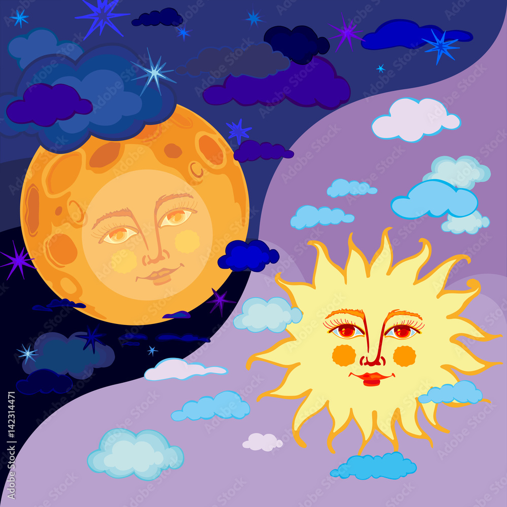 Sun and day meeting moon and night. Anthropomorphic sun and moon with ...