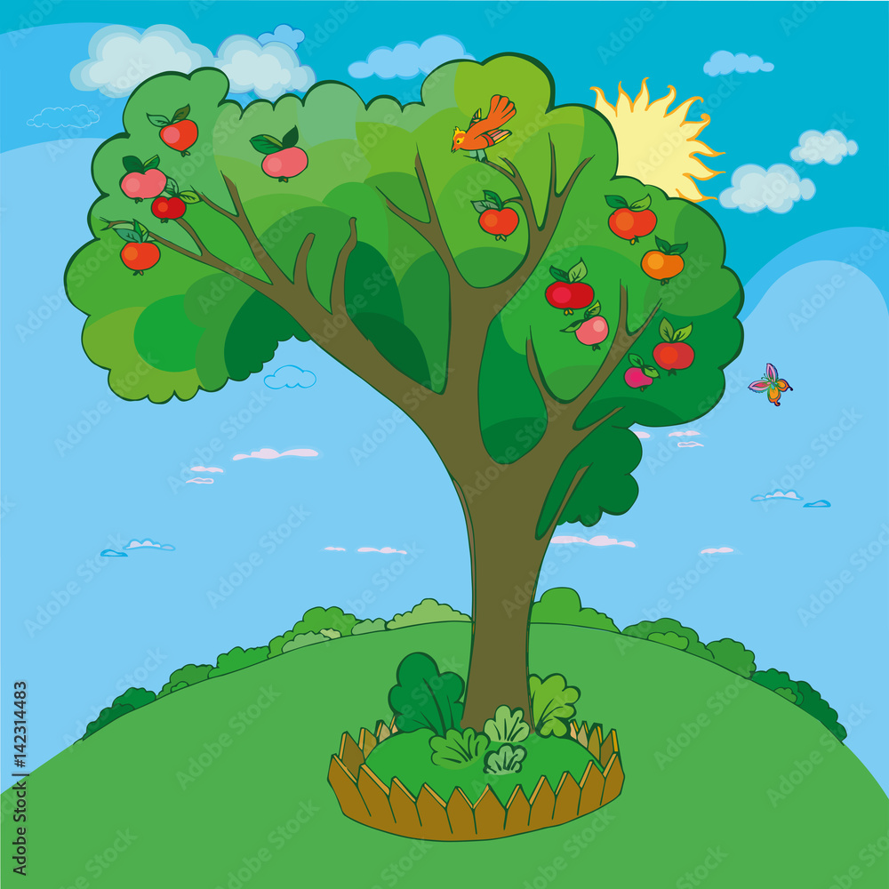 Apple tree with red apples and bird on twig. Vector Illustration Stock ...