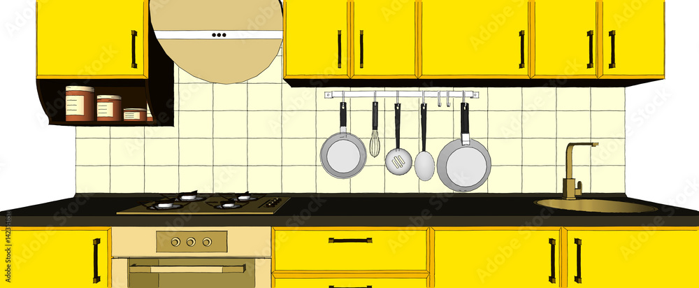 Modern kitchen counter with hood and cooking tools illustration. Front ...
