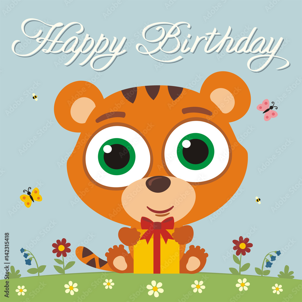 Happy birthday! Funny little tiger with gift in cartoon style. Card ...