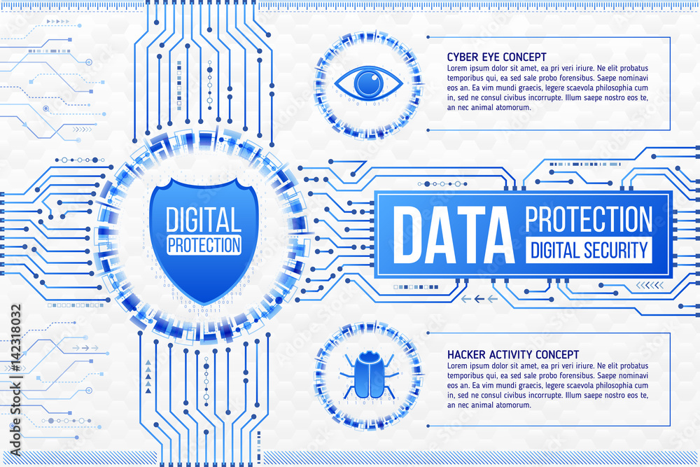 Digital technology concept of background with shield, eye and hacker ...