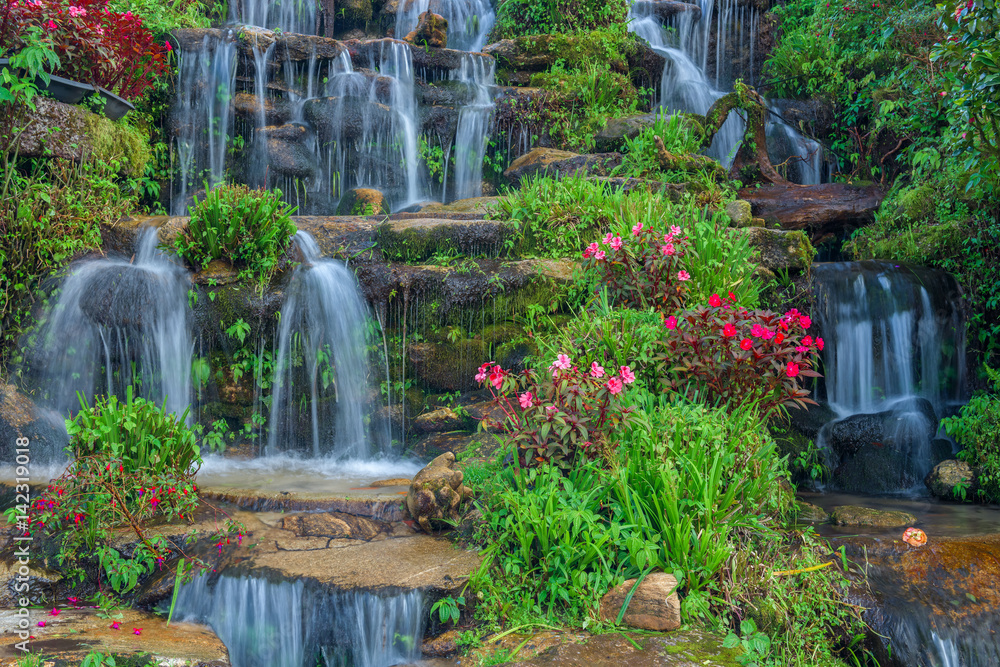 beautiful landscaping with waterfall and flowers Stock Photo | Adobe Stock