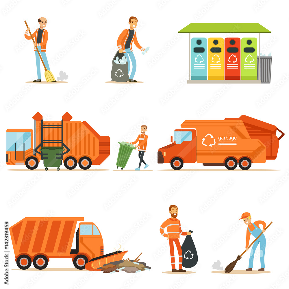 Garbage Collector At Work Set Of Illustrations With Smiling Recycling ...
