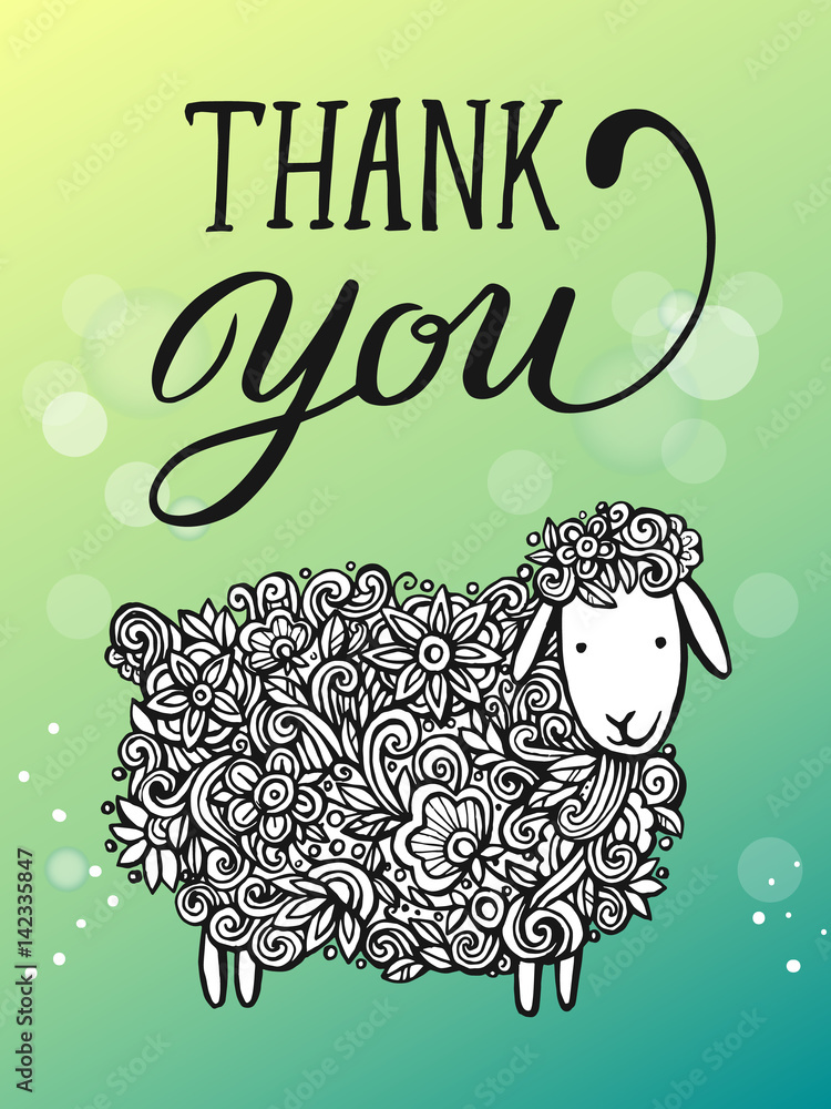 Hand lettering words " thank you" And a lovely spring Openwork lamb in ...