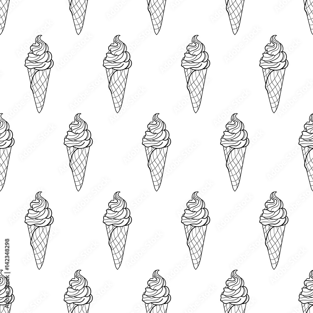 Seamless Doodle Cone Ice Cream Pattern Hand Drawn Monochrome