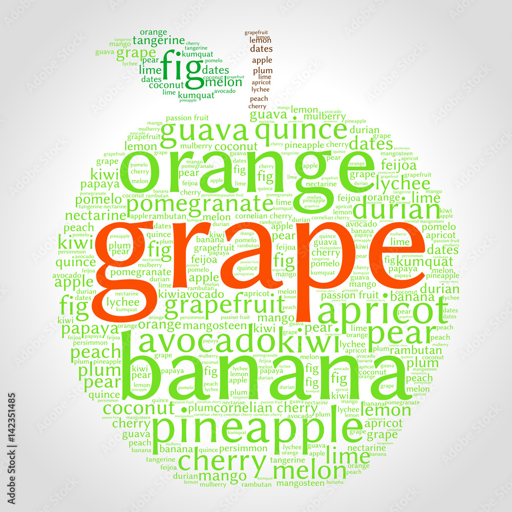 Grape. Word cloud in shape of fruit, grey gradient background. Natural ...
